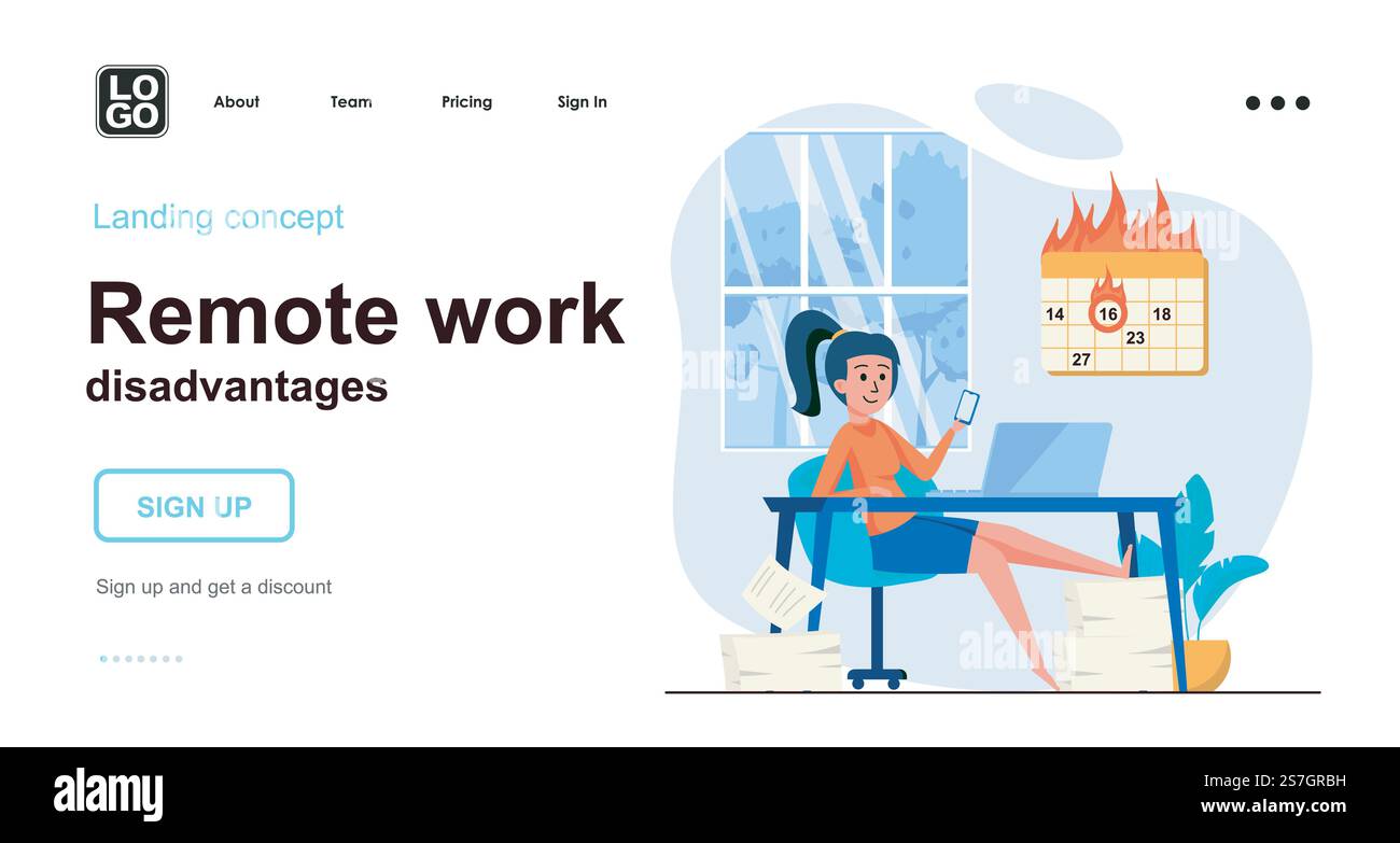 Remote work disadvantages web concept. Woman procrastinates in ...