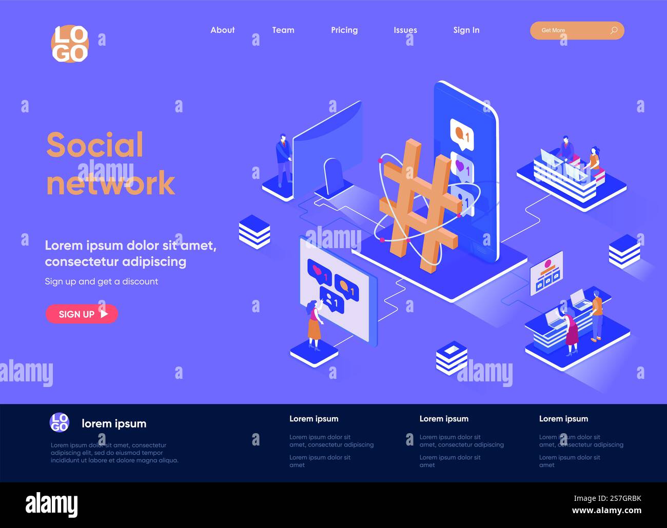 Social network isometric landing page. Internet community communication ...