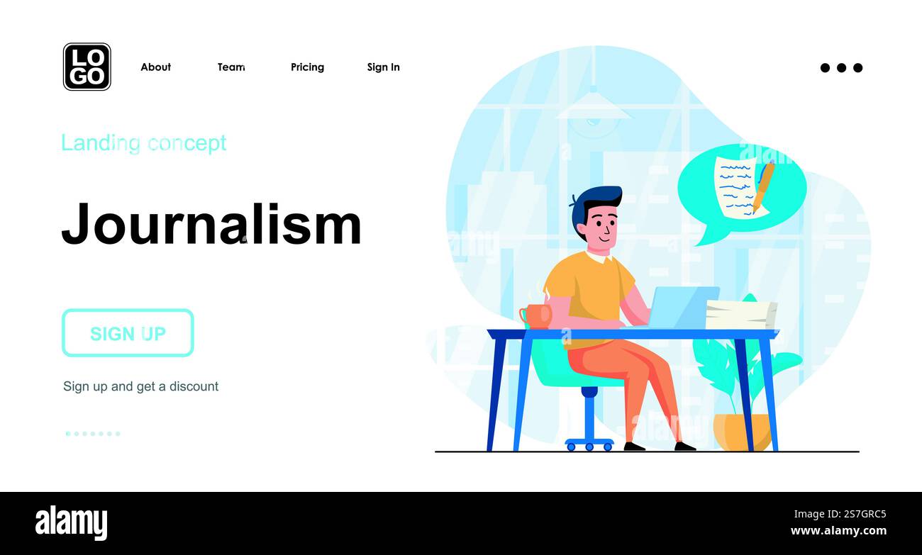 Journalism web concept. Journalist writes article, copywriter prepares ...