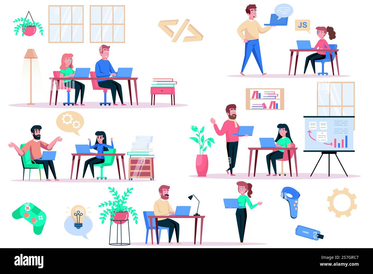 Game developer working isolated elements set. Bundle of men and women programmers write code ...