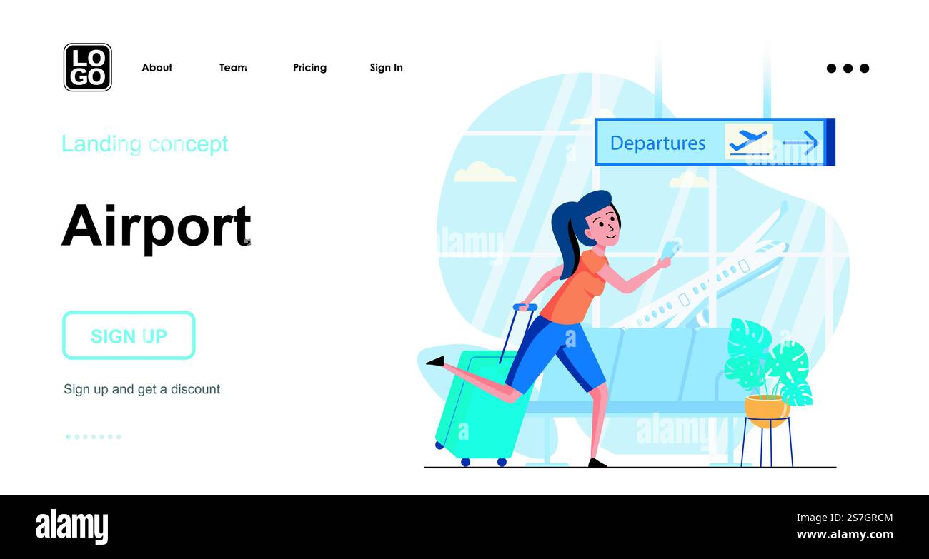 Airport web concept. Woman with luggage hurries to boarding at ...