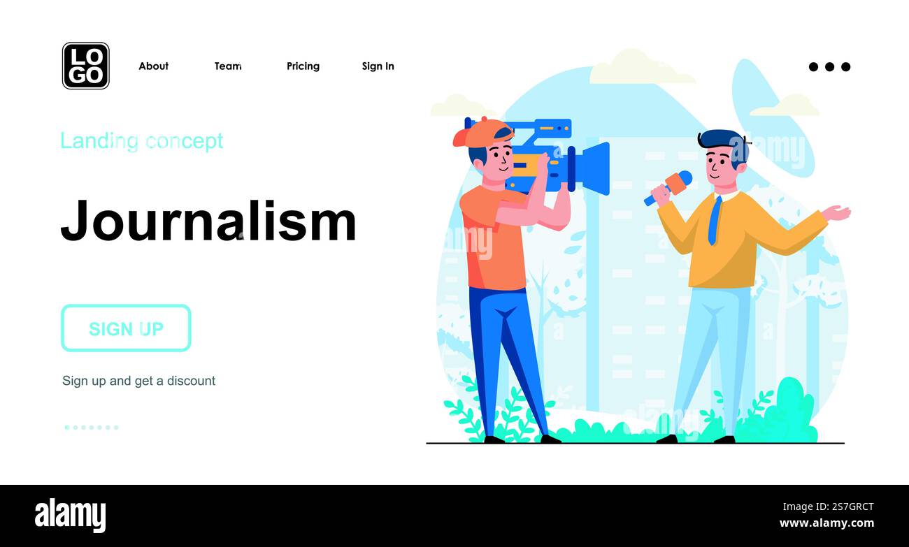 Journalism web concept. Reporter records report on camera, TV news program, press and mass media ...