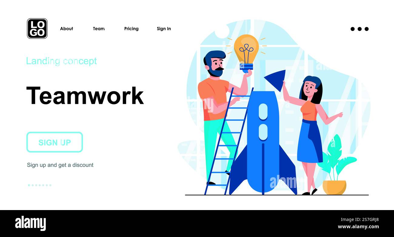 Teamwork web concept. Man and woman launch startup, develop new ...