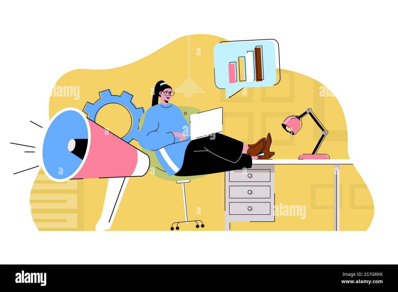 Marketing strategy concept. Woman marketer plans work, makes ...