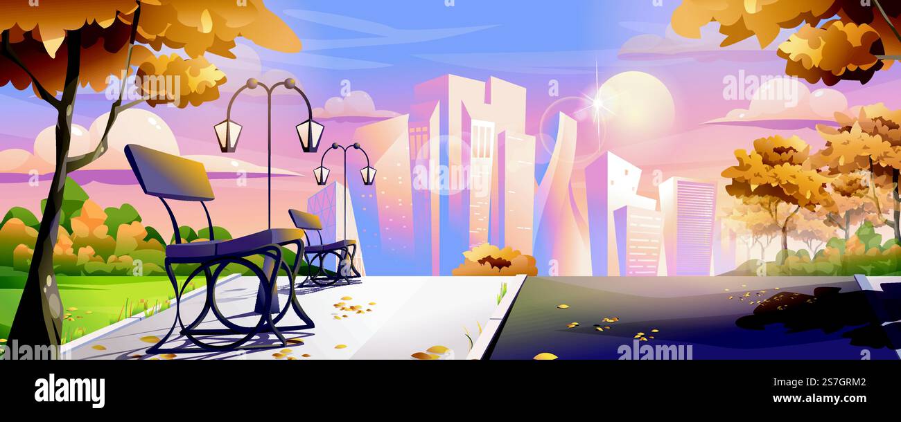 Autumn city park landing page. Fall public park with orange leaves ...