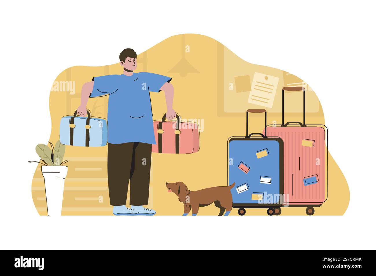 Vacation preparation concept. Man packing things and clothes in ...