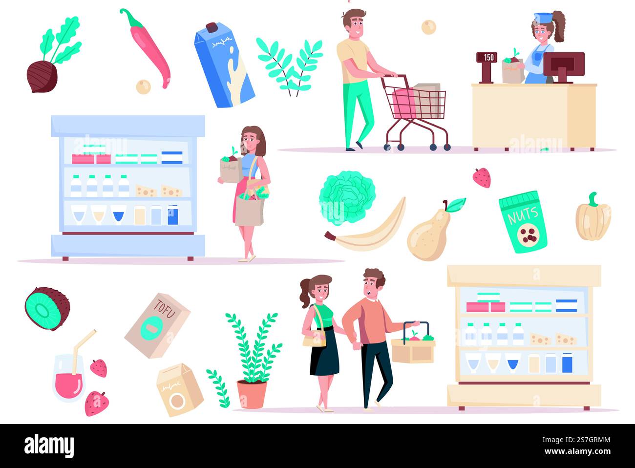 Grocery shopping at supermarket isolated elements set. Bundle of ...