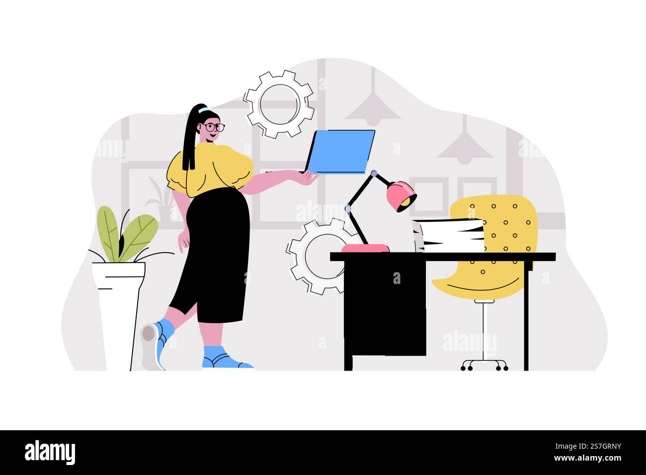 Office manager concept. Woman working on laptop, maintains working ...