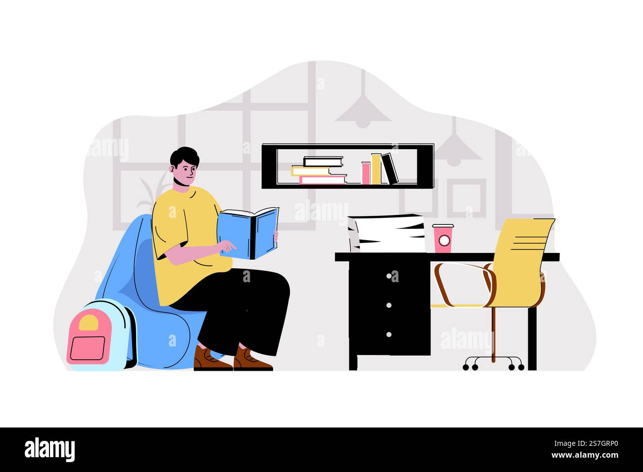 Self education concept. Student reads book, studying subjects at home ...