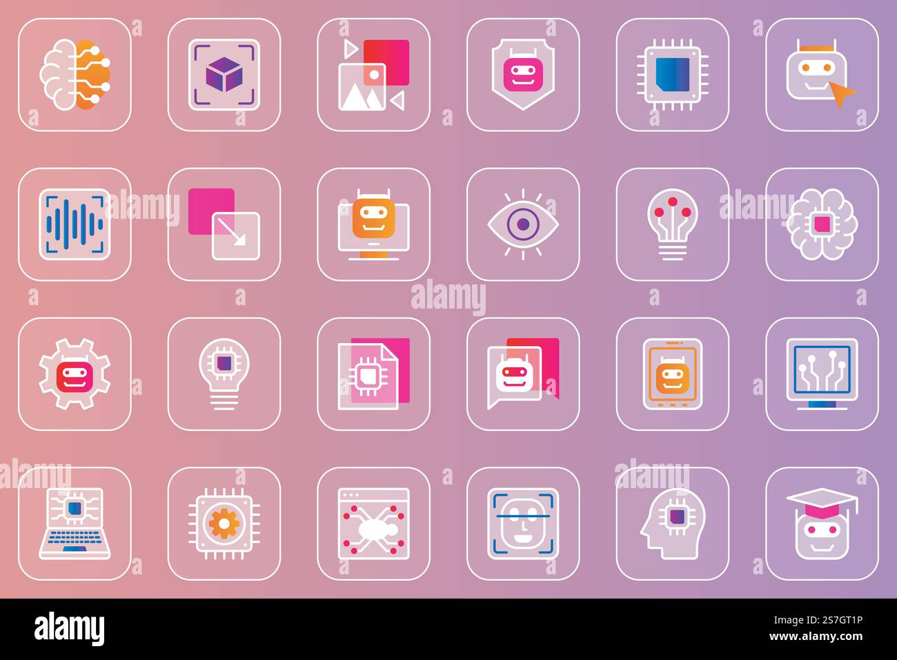 Artificial intelligence web glassmorphic icons set. Pack outline ...