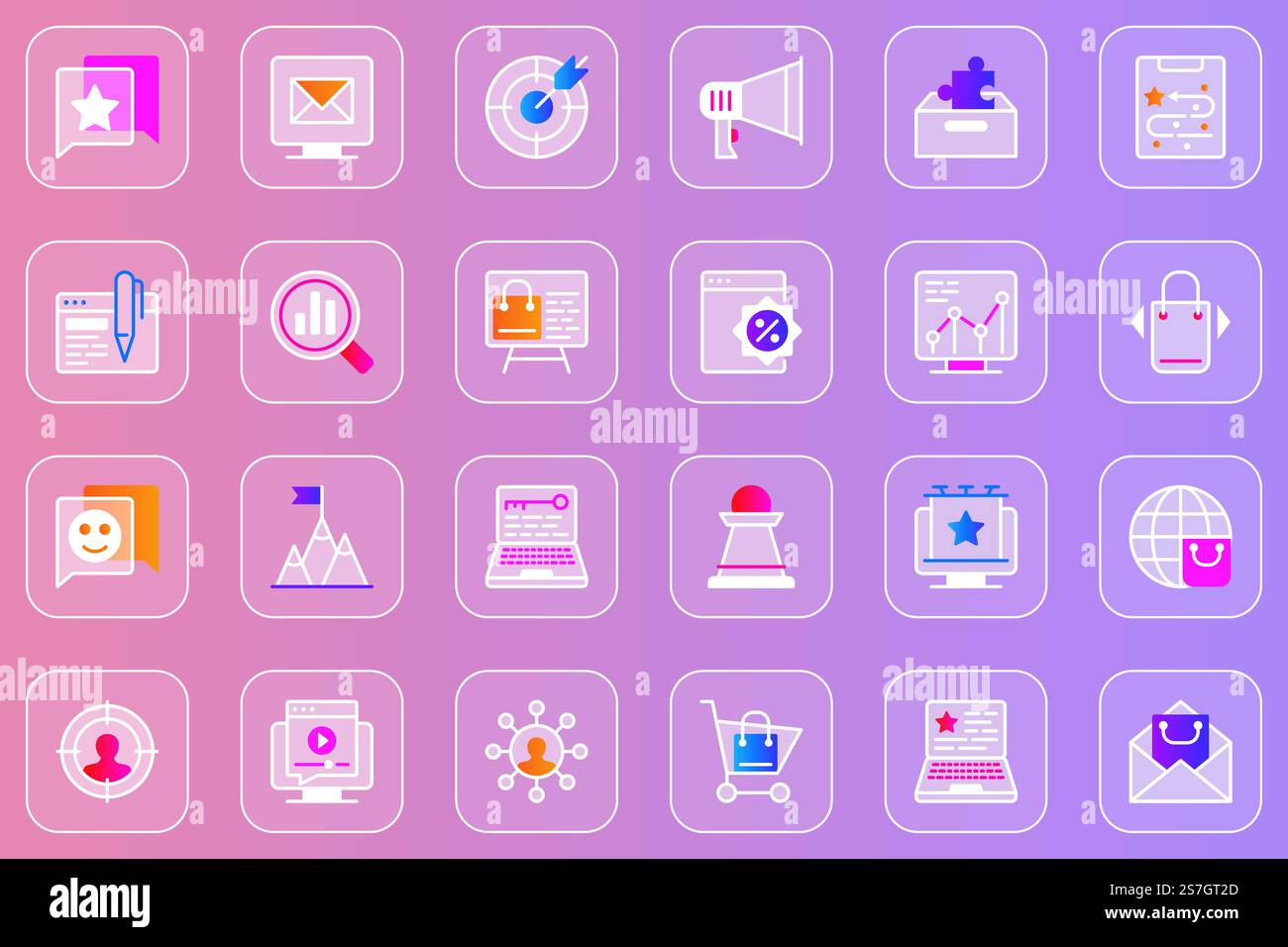Digital marketing web glassmorphic icons set. Pack outline pictograms ...