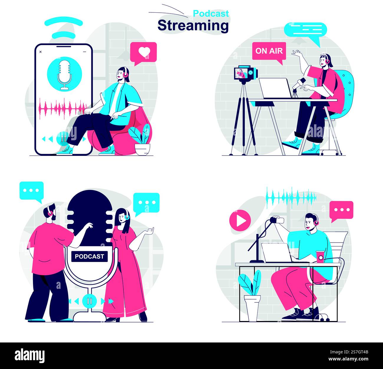 Podcast streaming concept set. Presenters record podcasts and studio ...