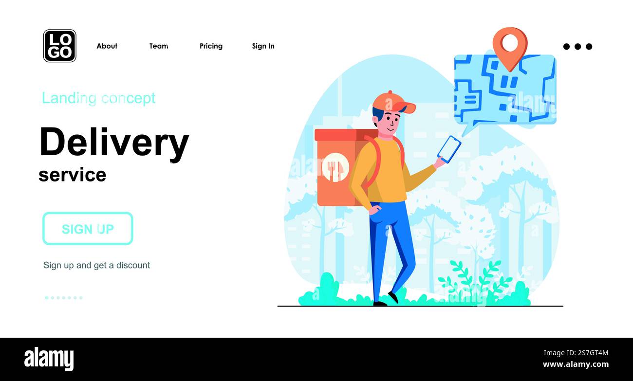 Delivery service web concept. Courier with bag carries food order to ...