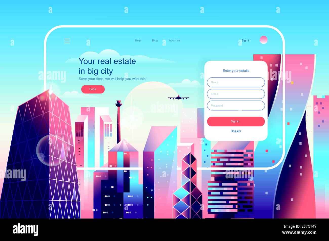 Real estate in big city concept. Real estate agency website layout ...