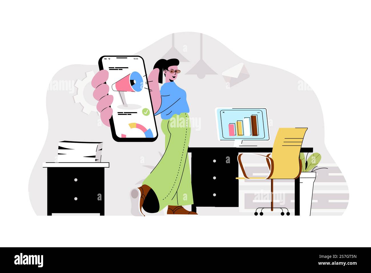 Digital marketing concept. Marketer analyzes data, makes advertising ...