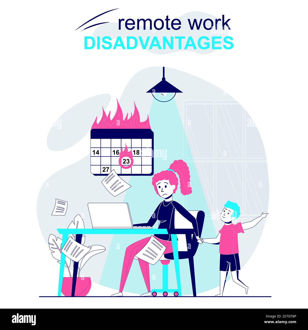 Remote work disadvantages isolated cartoon concept. Child distracts ...