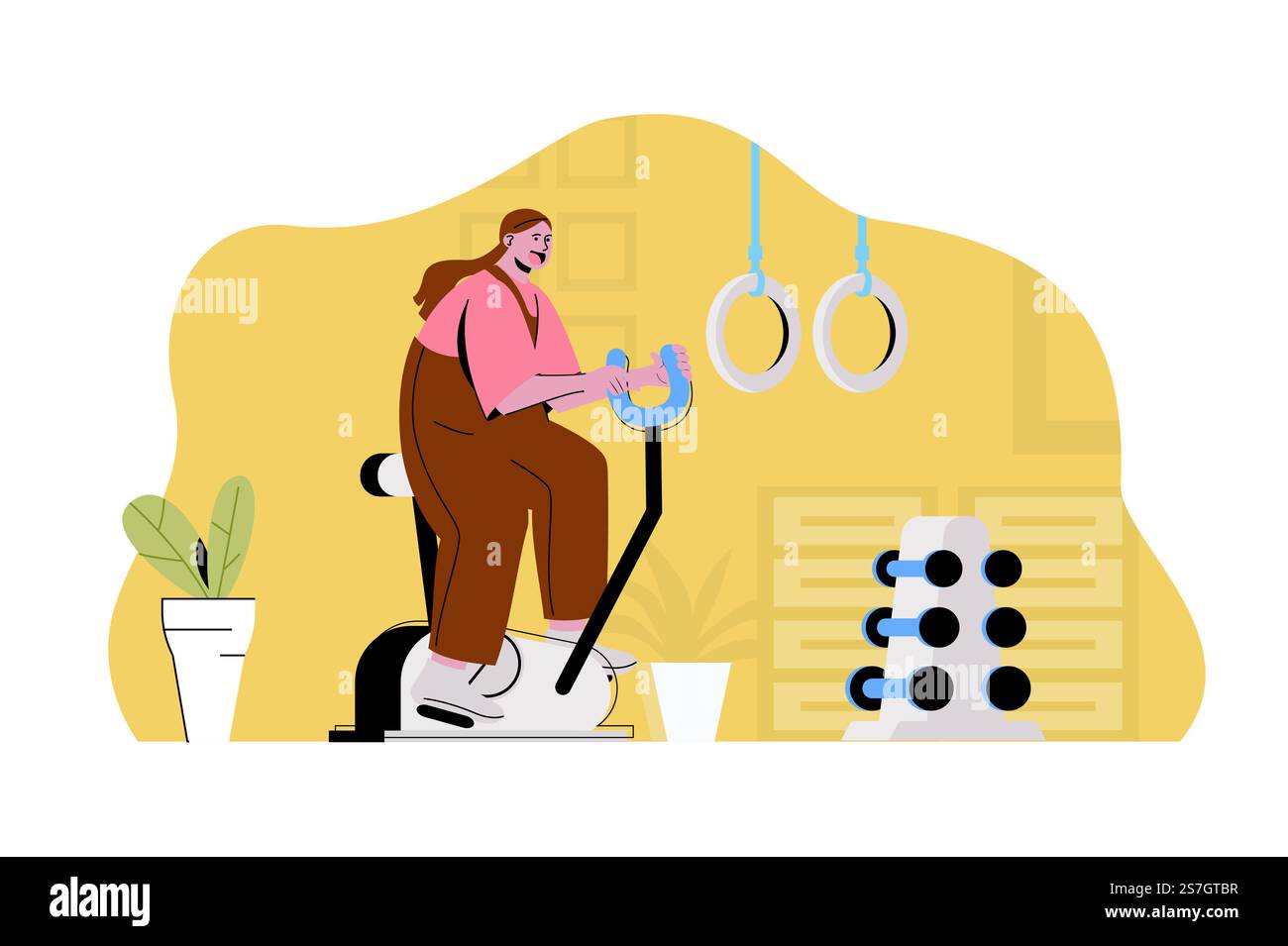 Fitness concept. Woman exercising on stationary bike in gym situation ...