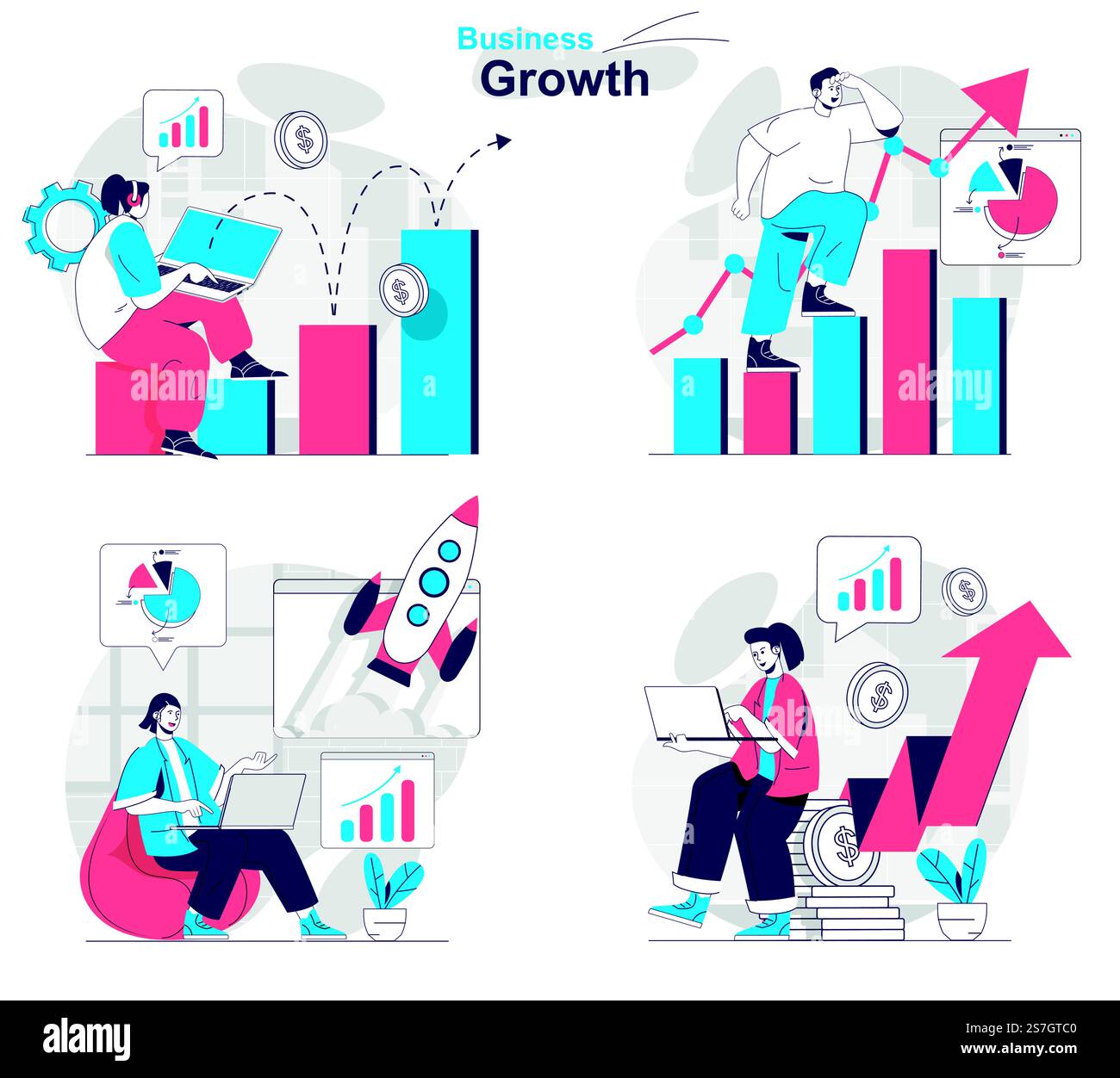 Business growth concept set. Profit growth, startup launch, financial ...