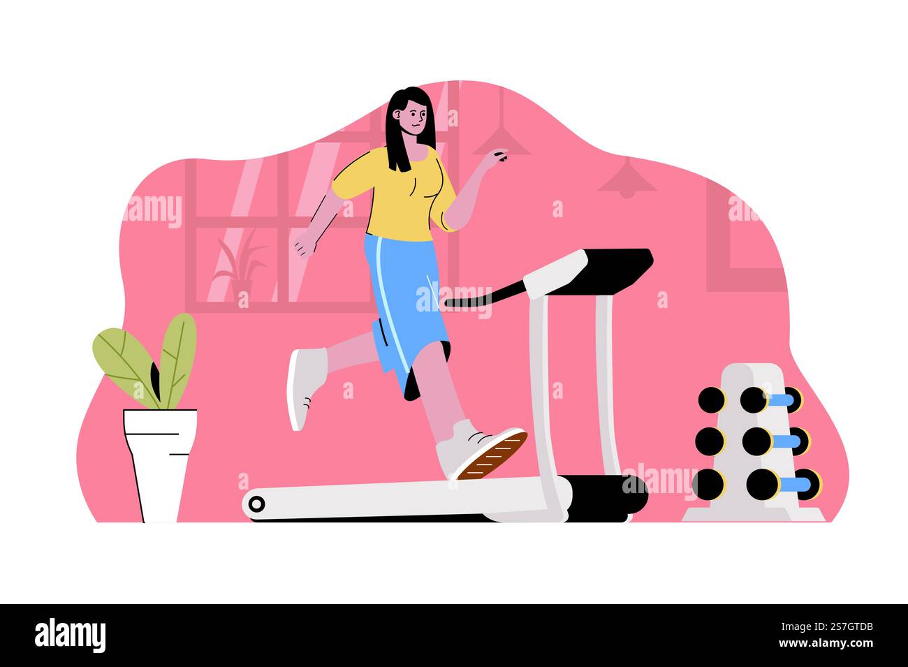 Morning workout concept. Woman running on treadmill in gym situation ...