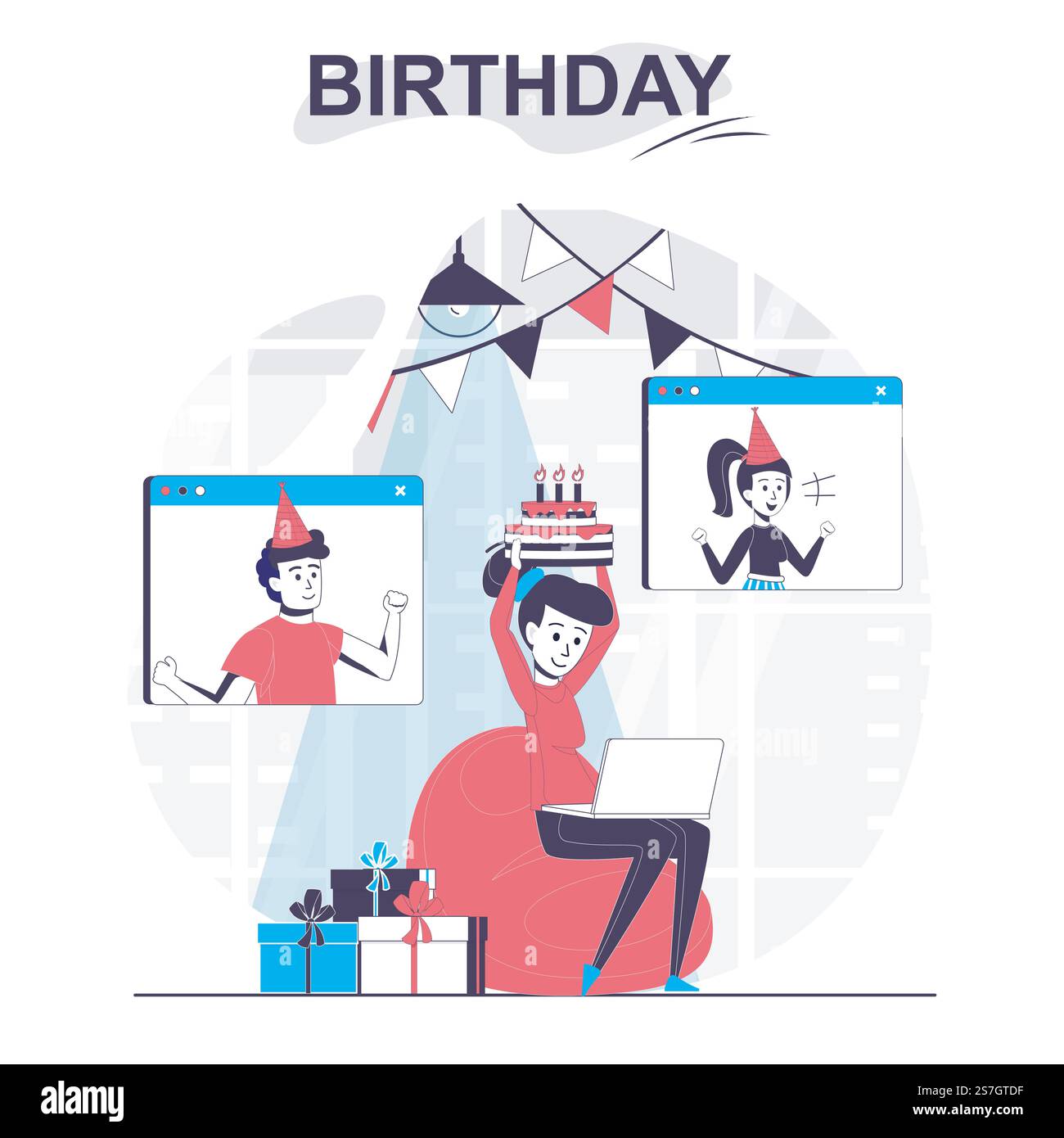 Birthday isolated cartoon concept. Woman celebrating holiday with ...
