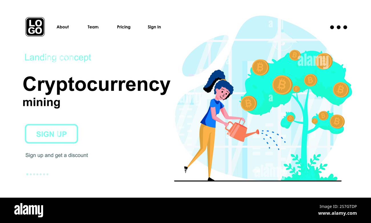 Cryptocurrency mining web concept. Woman watering money tree with ...