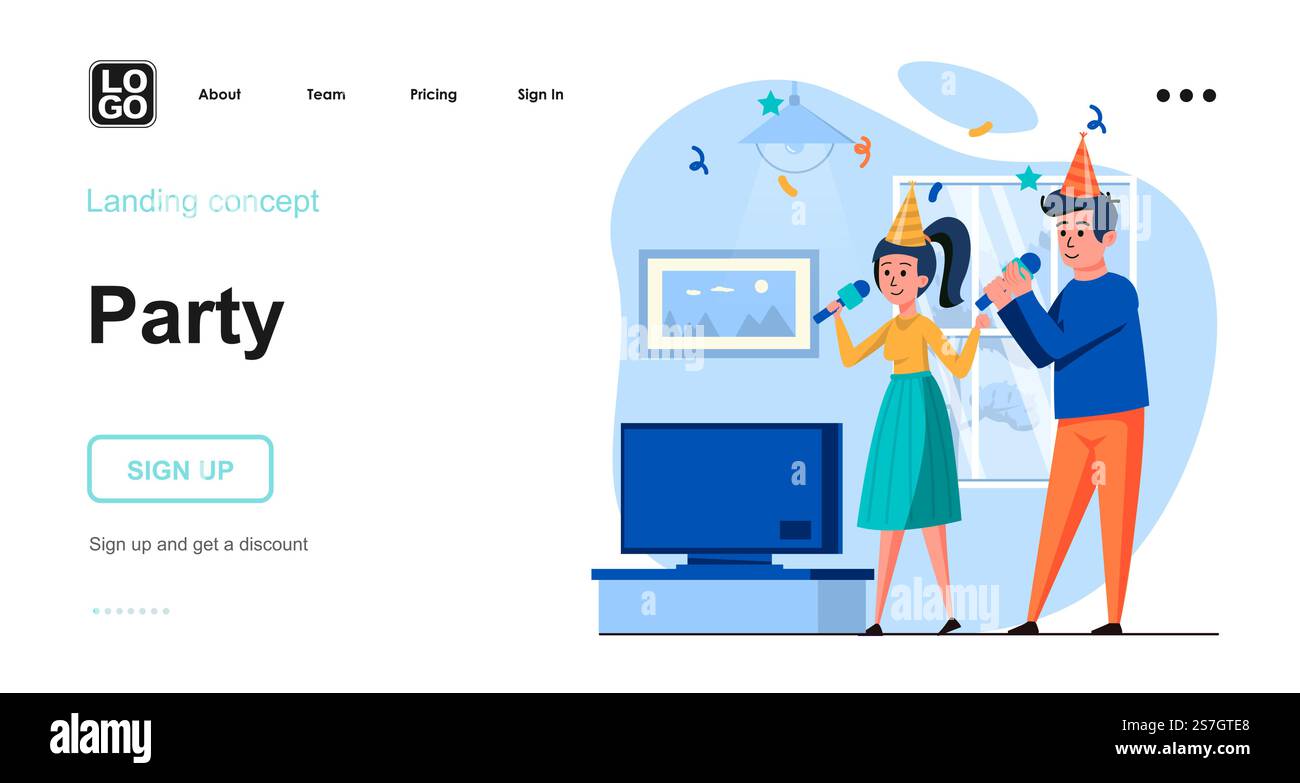 Party web concept. Man and woman celebrating holiday, singing in ...