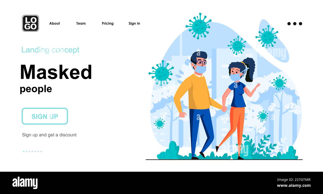 Masked people web concept. Man and woman wear masks and walking city ...