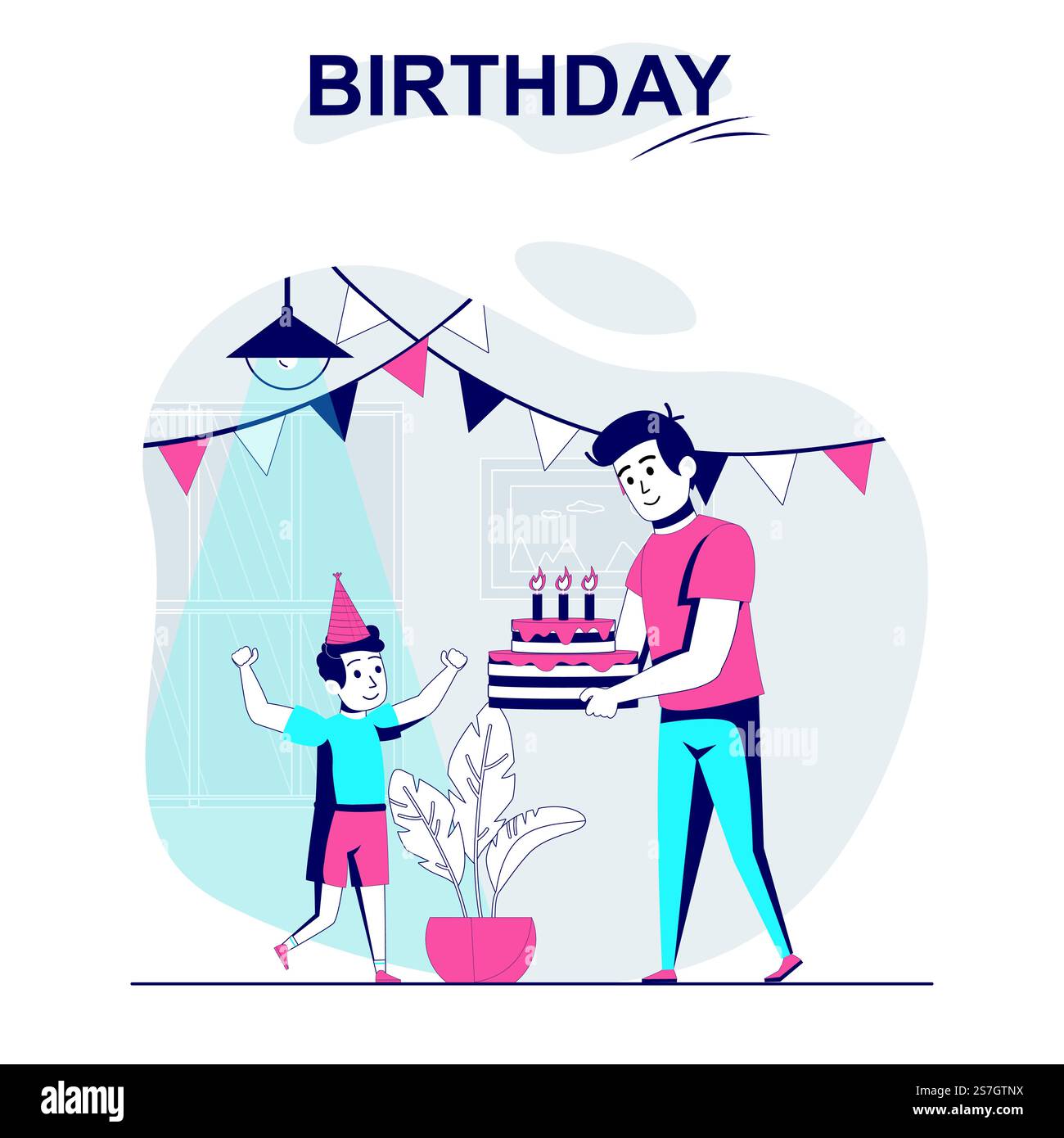 Birthday isolated cartoon concept. Father celebrates with son and gives ...