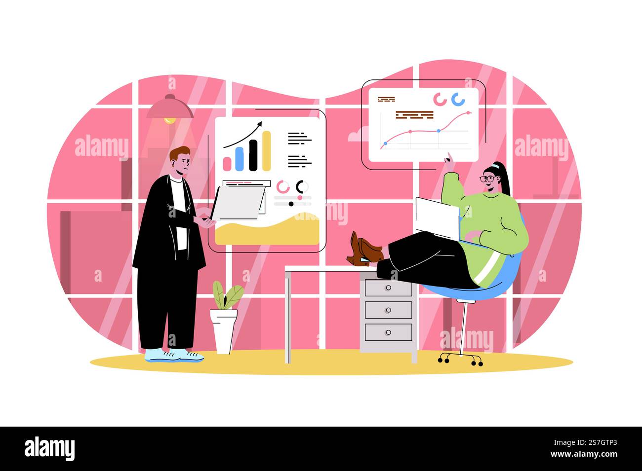 Big data analysis web character concept. Marketing team analyzes data ...