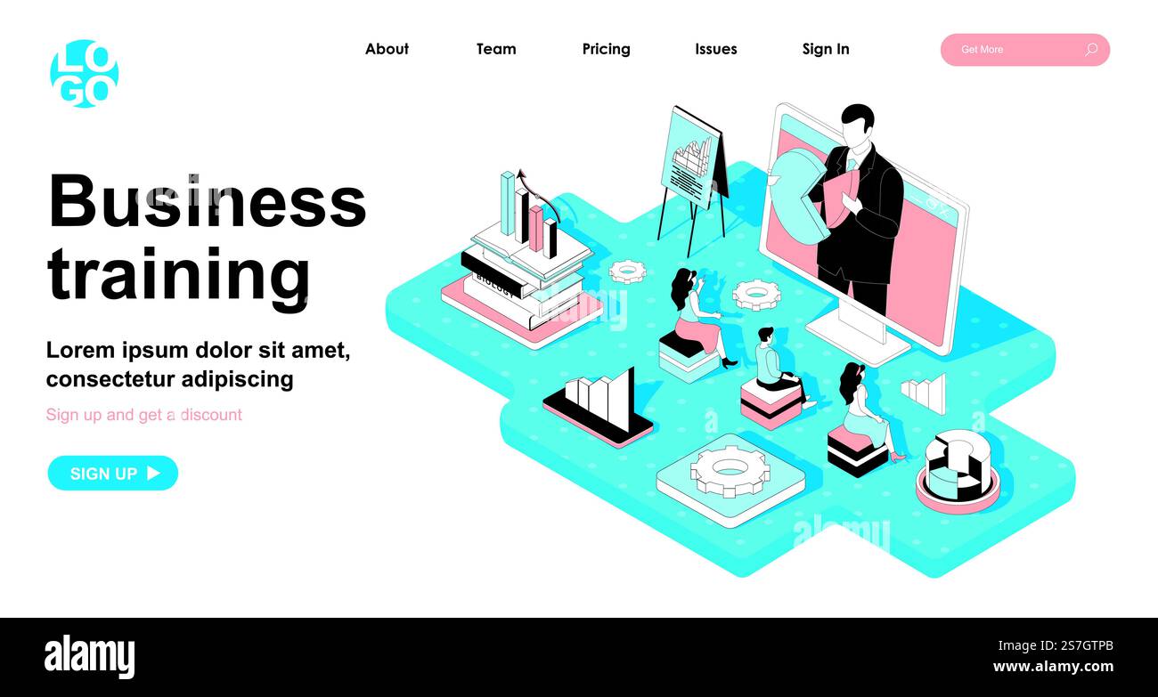 Business training isometric concept. Coach teaches company employees ...