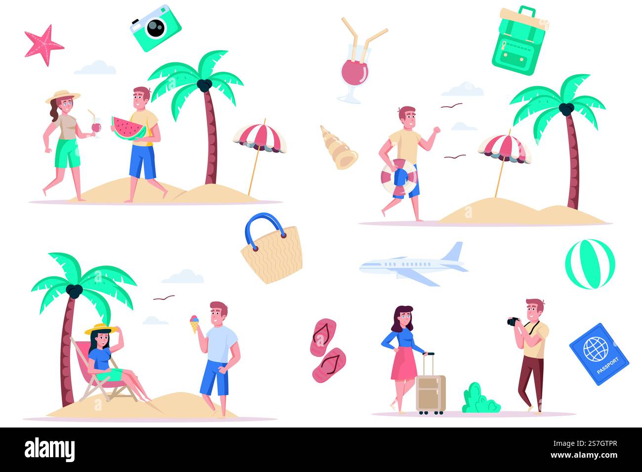 Summer vacation at sea isolated elements set. Bundle of people resting at beach, eating ...