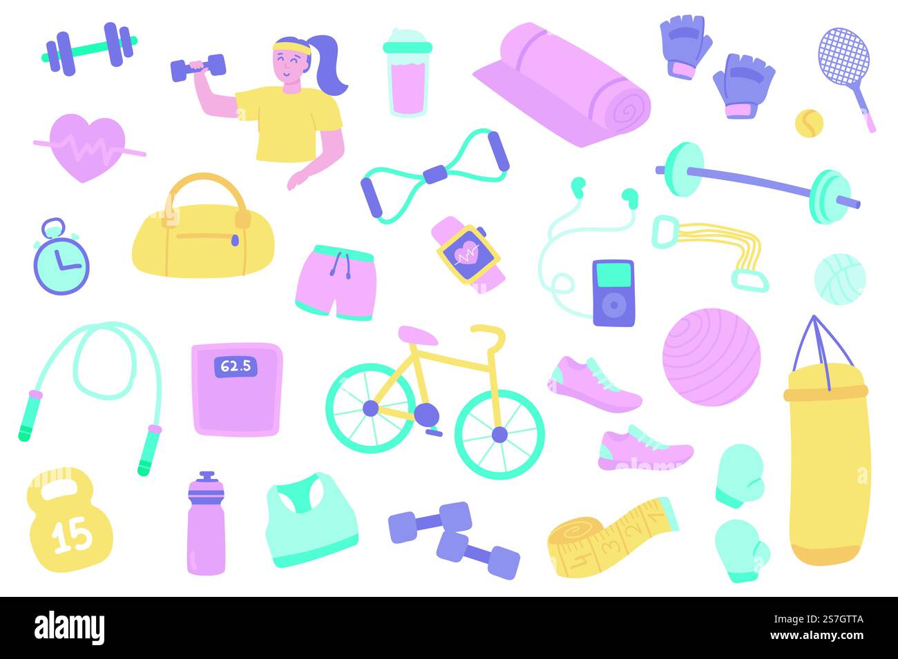 Fitness isolated objects set. Collection of woman exercising with dumbbells, gym equipment, bag ...