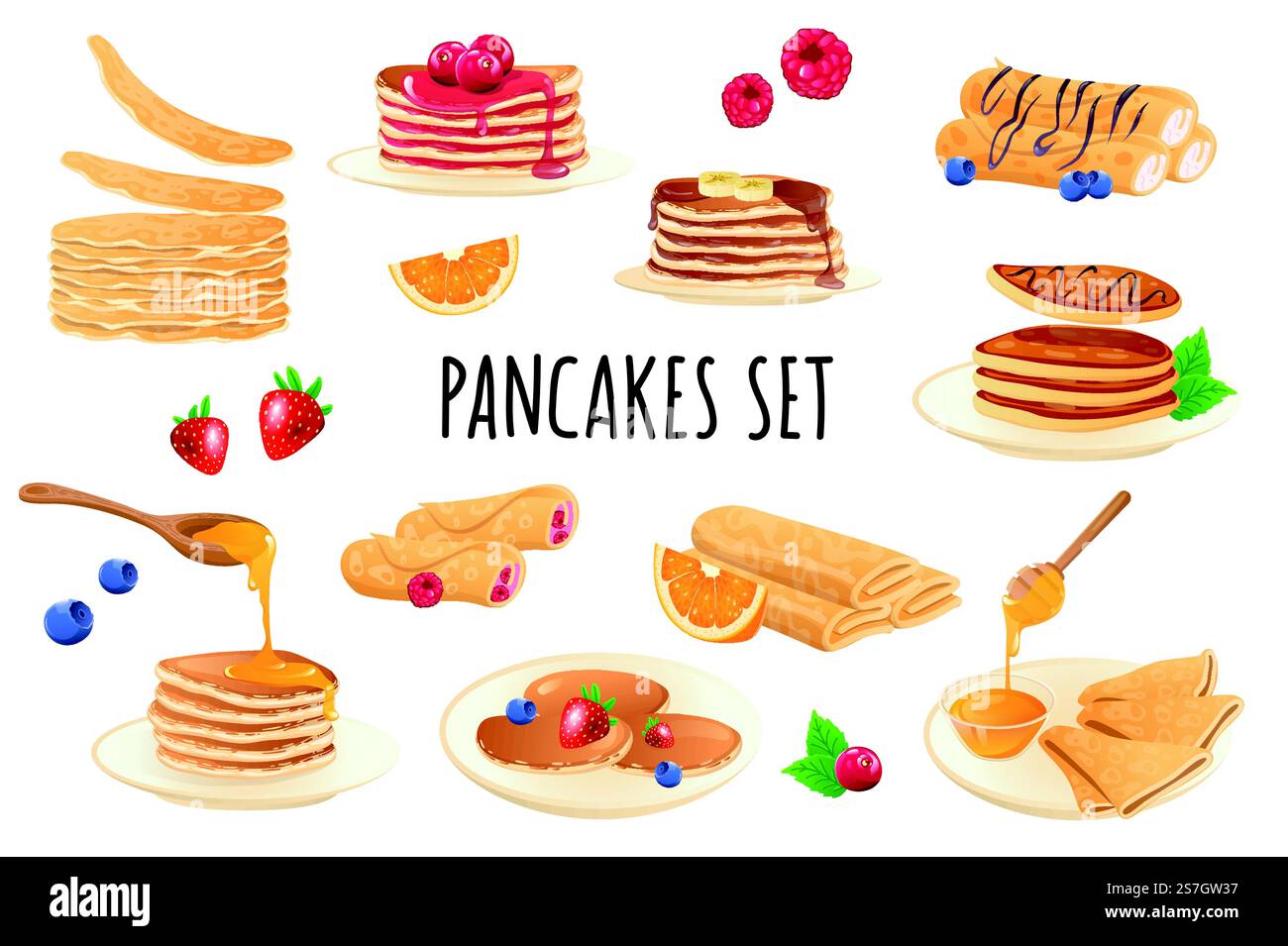 Pancakes icon set in realistic 3d design. Bundle of stacks of pancakes with different filling ...