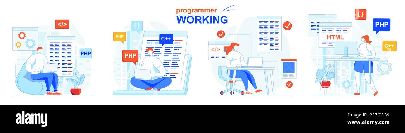 Programmer working concept set. Software development, code programming ...