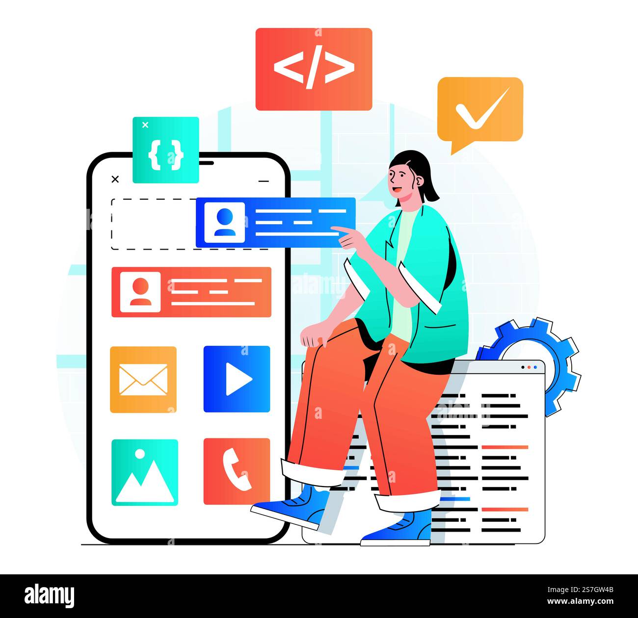 App Development Concept In Modern Flat Design Developer Places Buttons At Layout Of Application