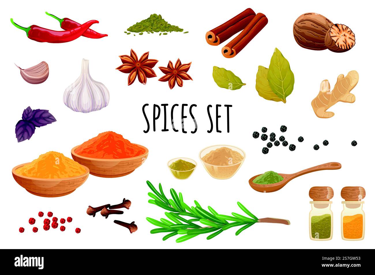 Spices icon set in realistic 3d design. Bundle of chilli, cinnamon ...
