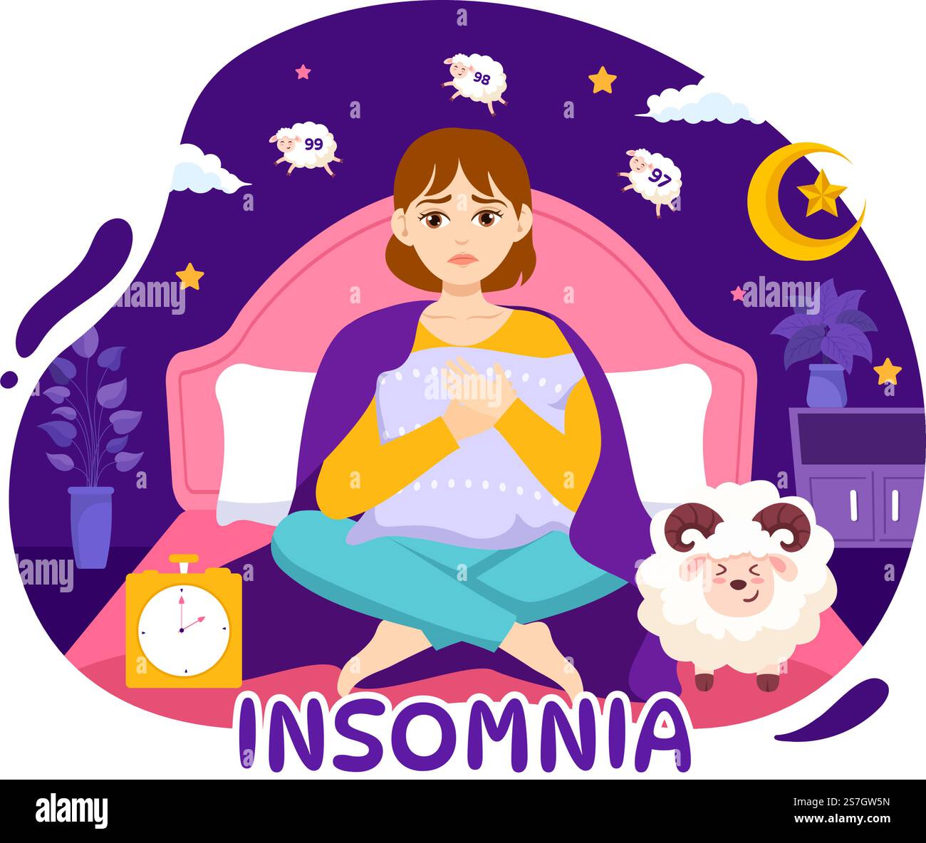 Insomnia Vector Illustration with Young People Unable to Sleep ...