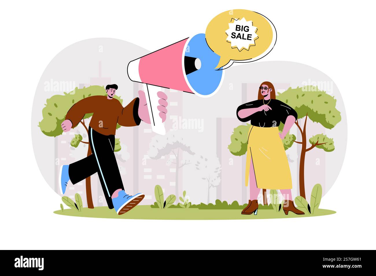 Promotion web character concept. Man with loudspeaker advertises big ...