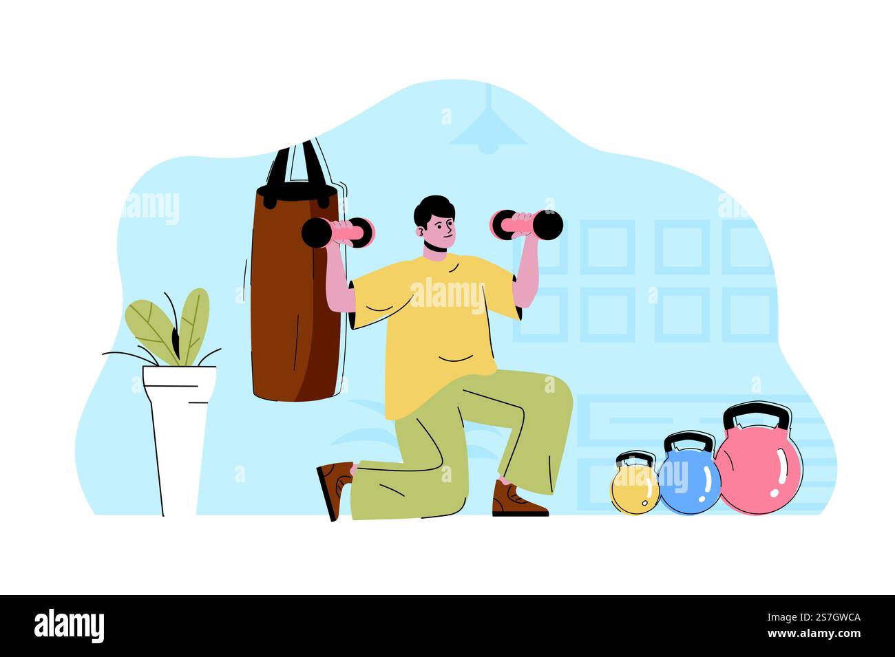 Body training concept. Man exercising with dumbbells, workout in gym ...