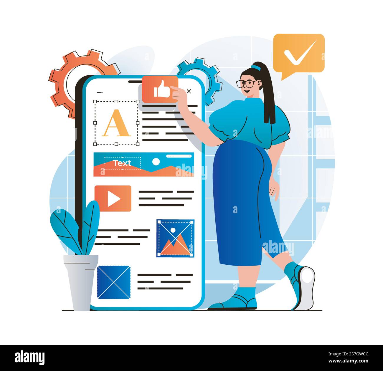 Content manager concept in modern flat design. Woman places elements ...