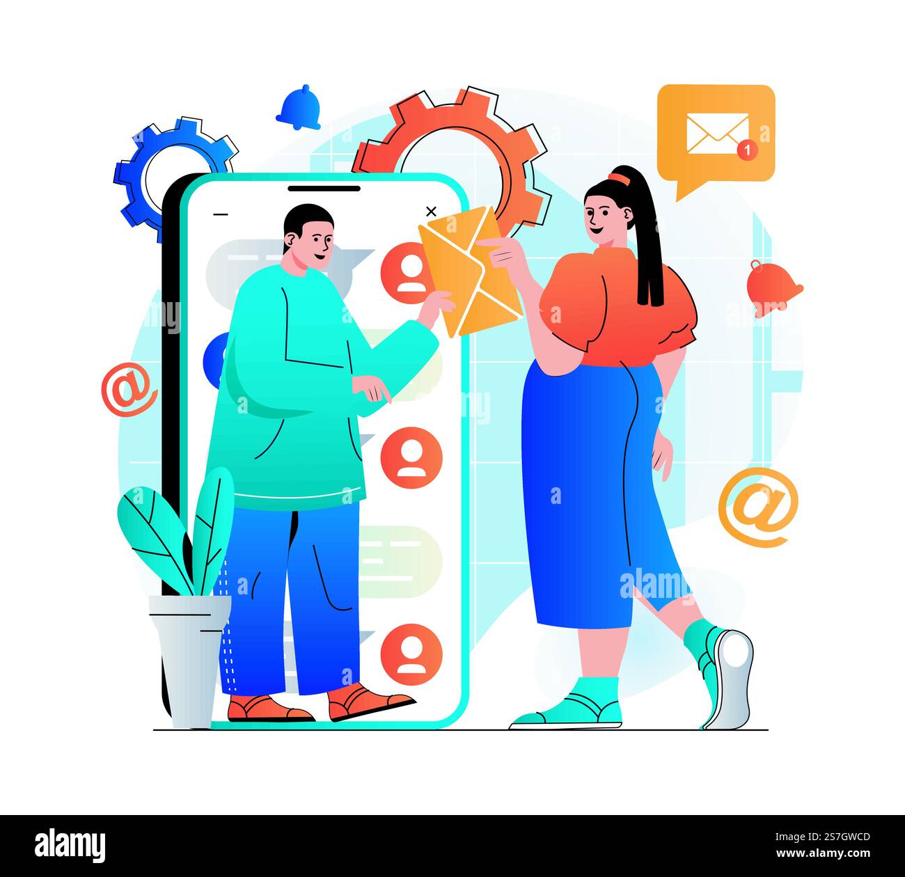 Email service concept in modern flat design. Woman and man correspond ...