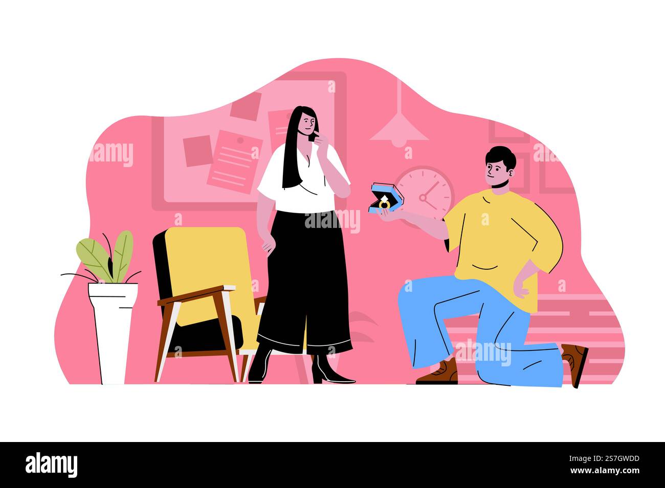 Marriage proposal concept. Kneeling man proposes ring to his beloved ...
