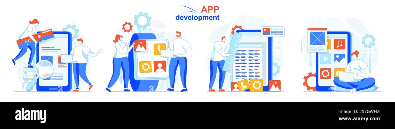 App development concept set. Creation app layout, places of interface ...
