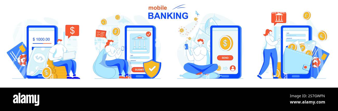 Online banking concept set. App for financial transactions, payment ...