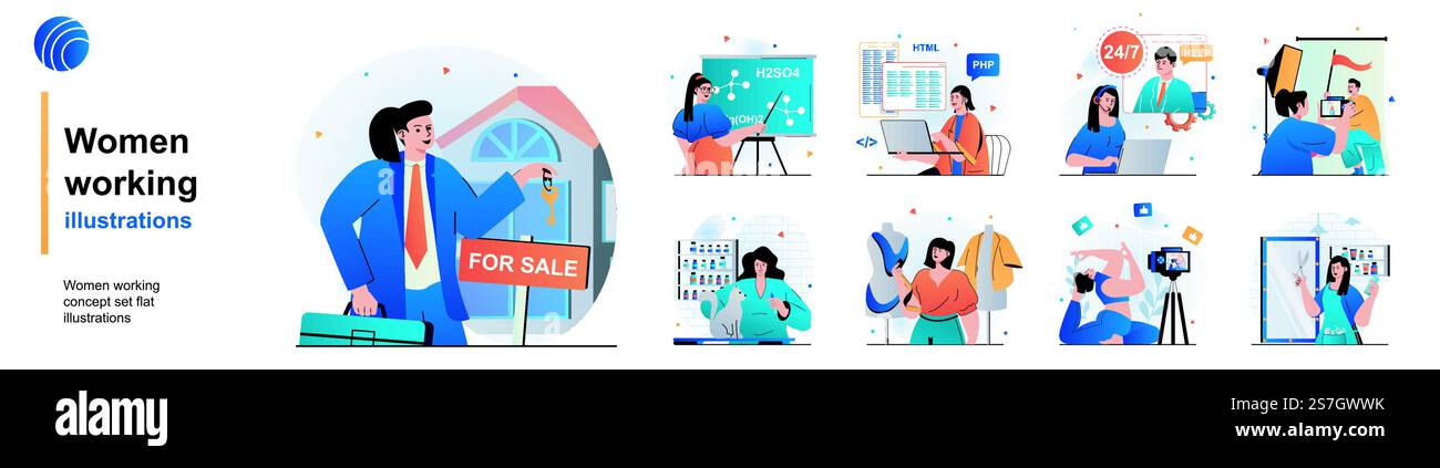 Women working isolated set. Realtor, teacher, programmer, operator and ...