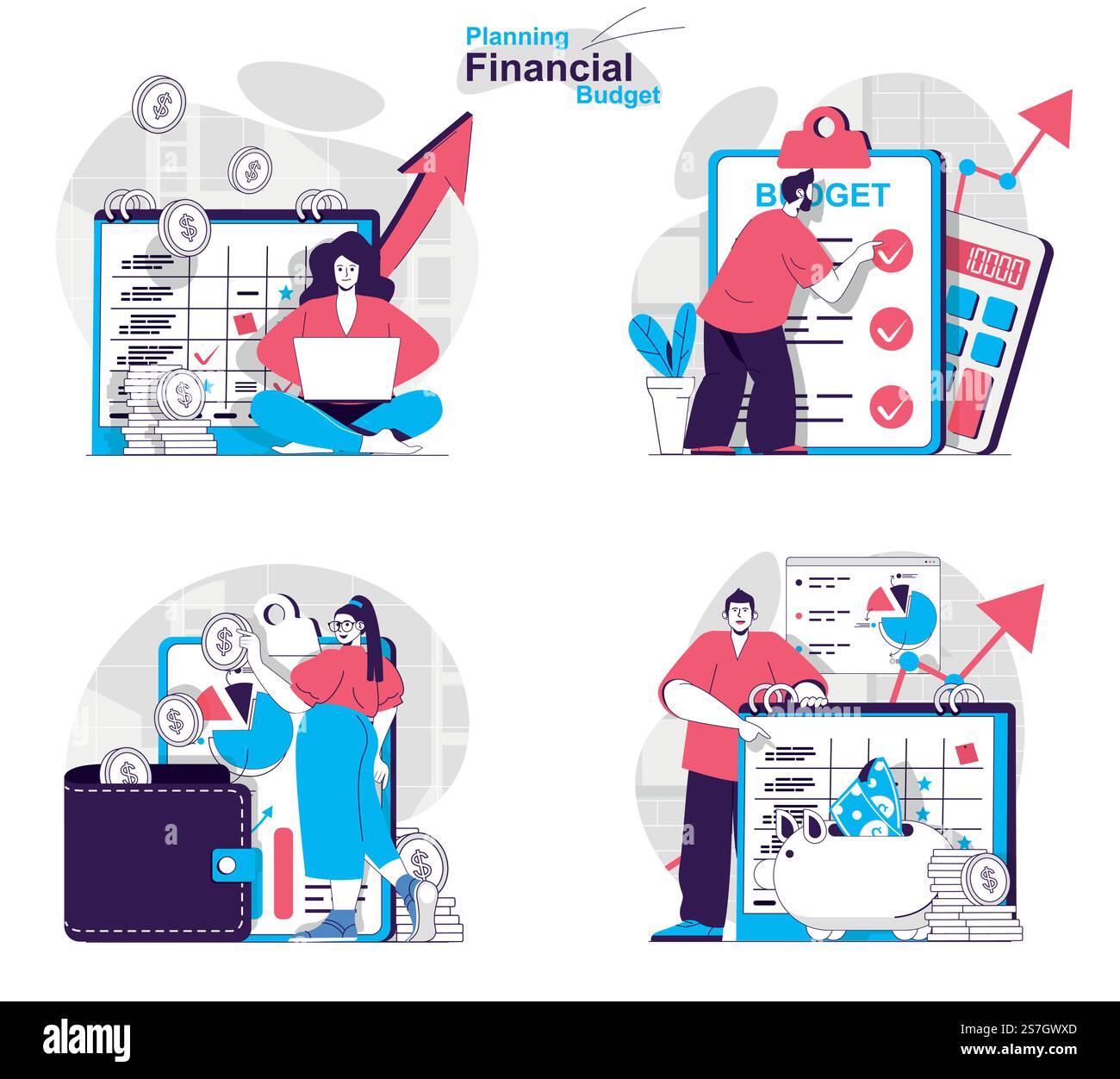 Planning financial budget concept set. Business accounting and savings ...