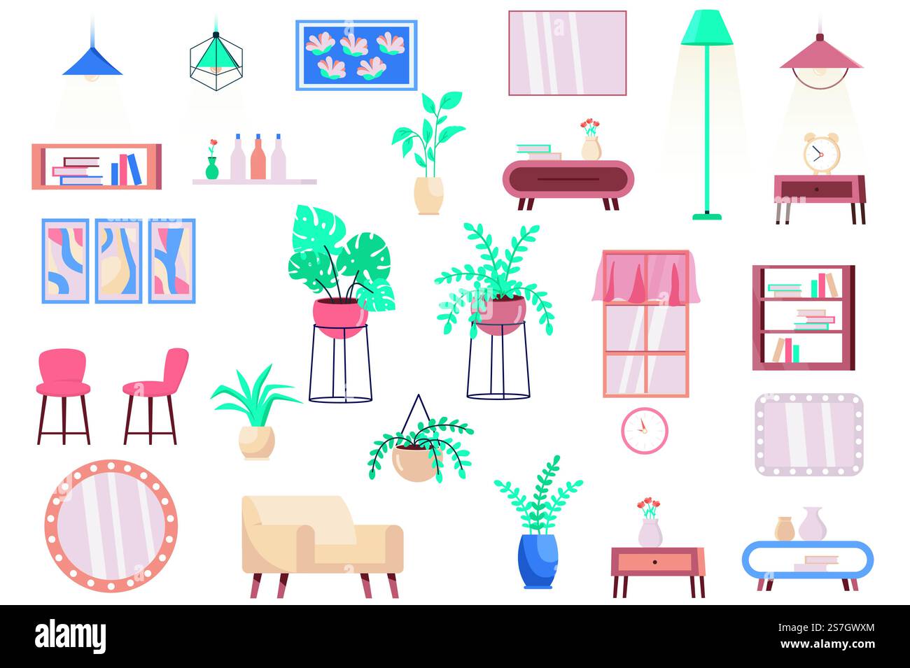 Furniture, house plants and decor isolated elements set. Bundle of chairs, armchair, tables ...