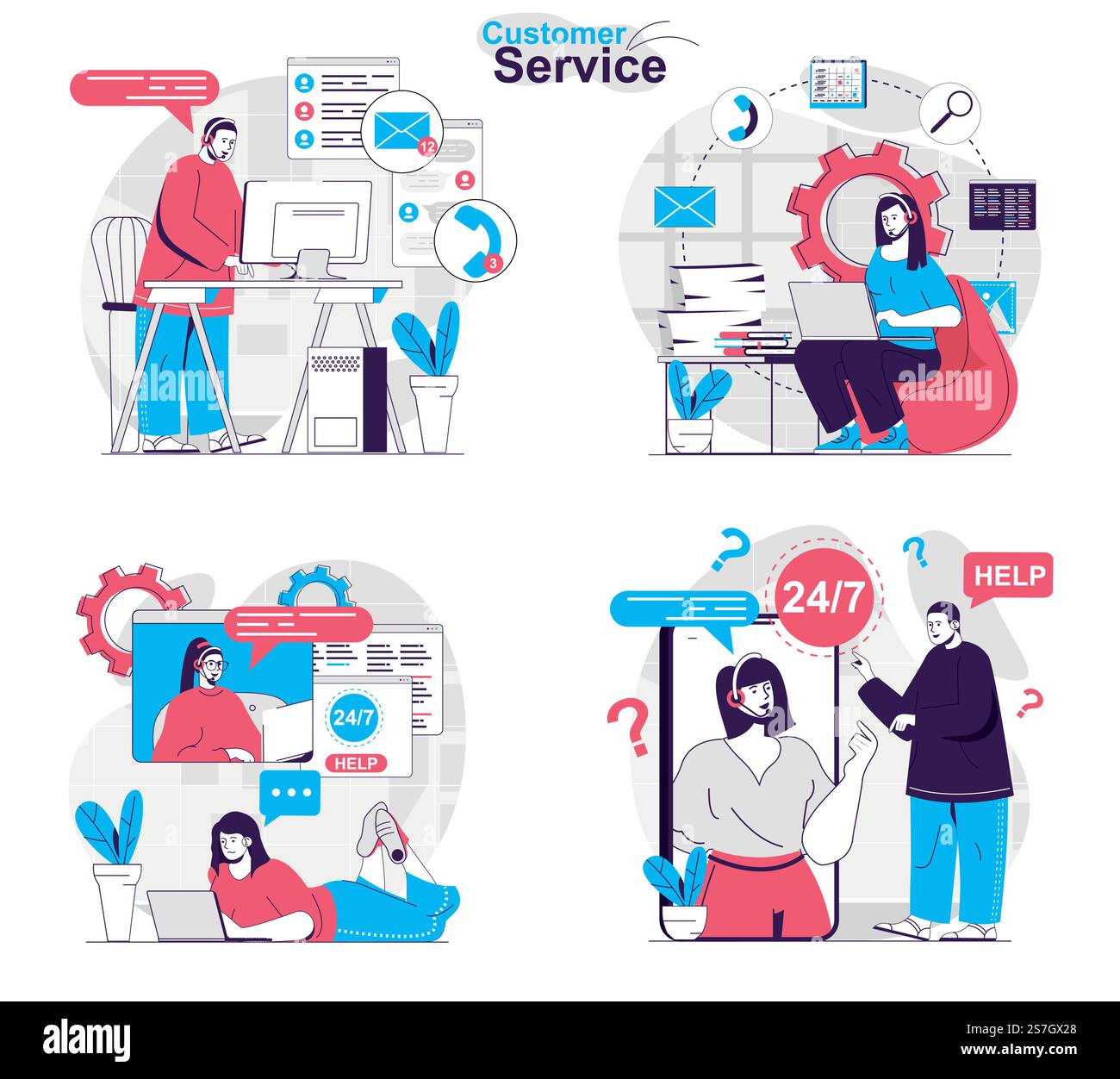 Customer service concept set. Operators answer calls and messages, help ...