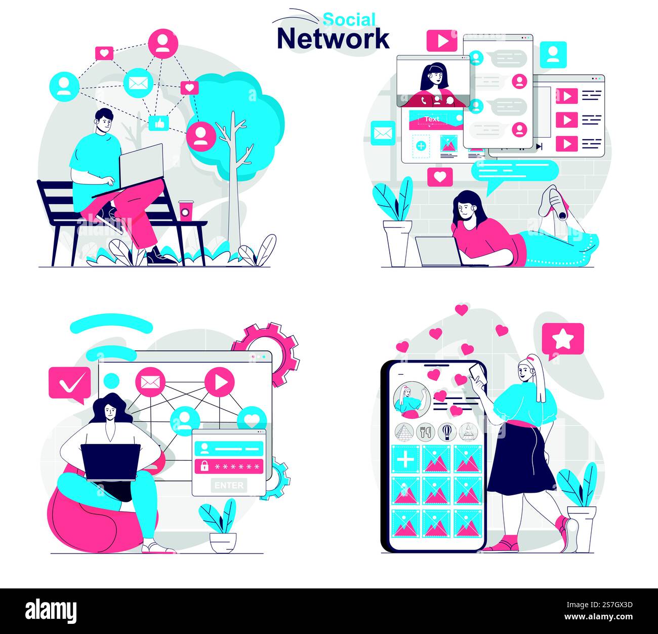 Social network outline web concept with character scene man browsing hi-res stock photography ...