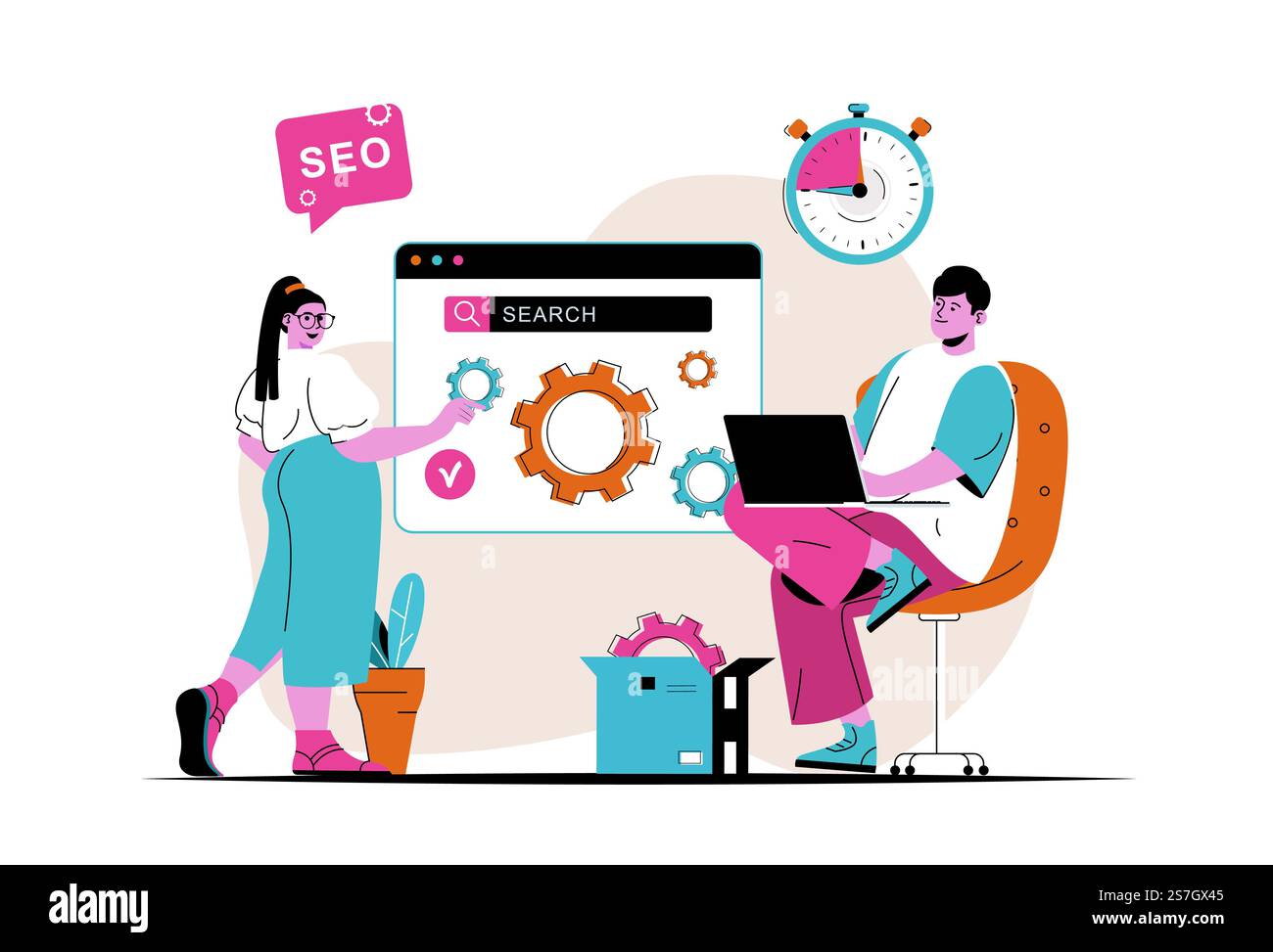 Seo analysis concept isolated. Setting up and optimizing search results for site. People scene ...